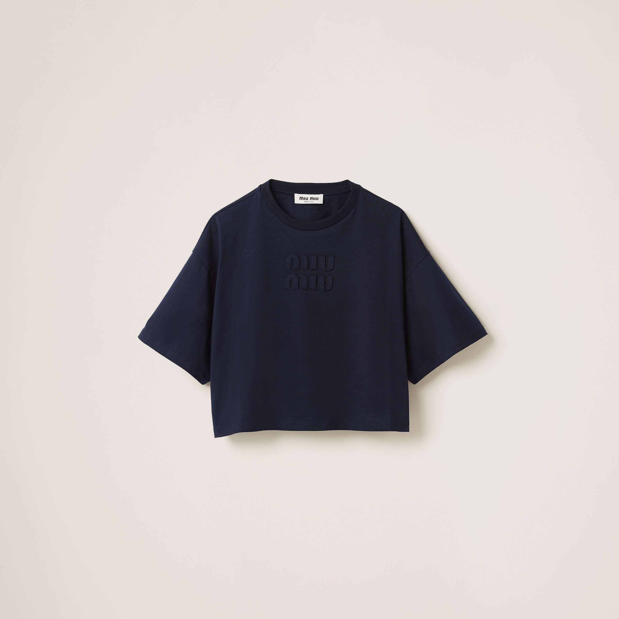 Miu Miu Cotton Jersey T-Shirt With Embroidered Logo - Navy