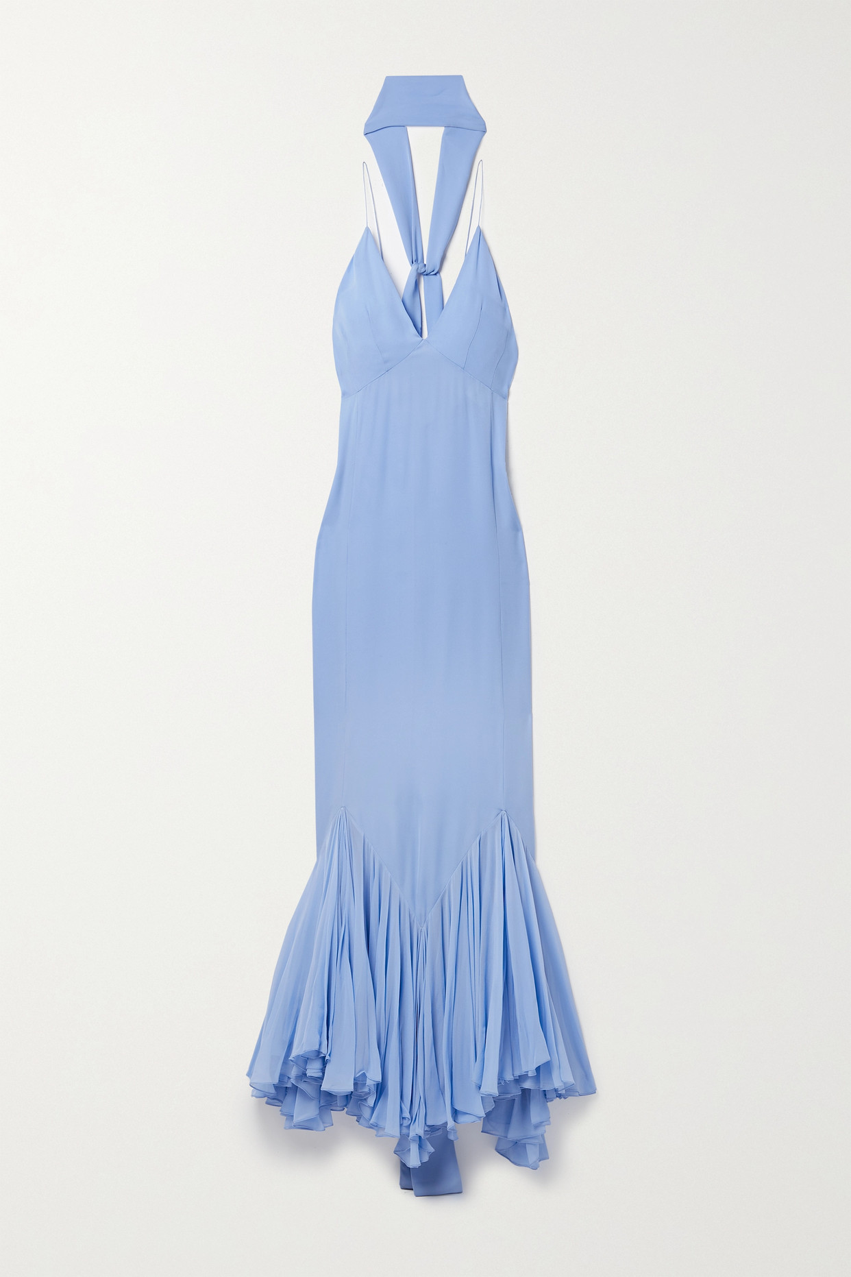 khaite blue dress with scarf KHAITE Candita Scarf-detailed Gathered Silk-georgette Maxi Dress in Blue