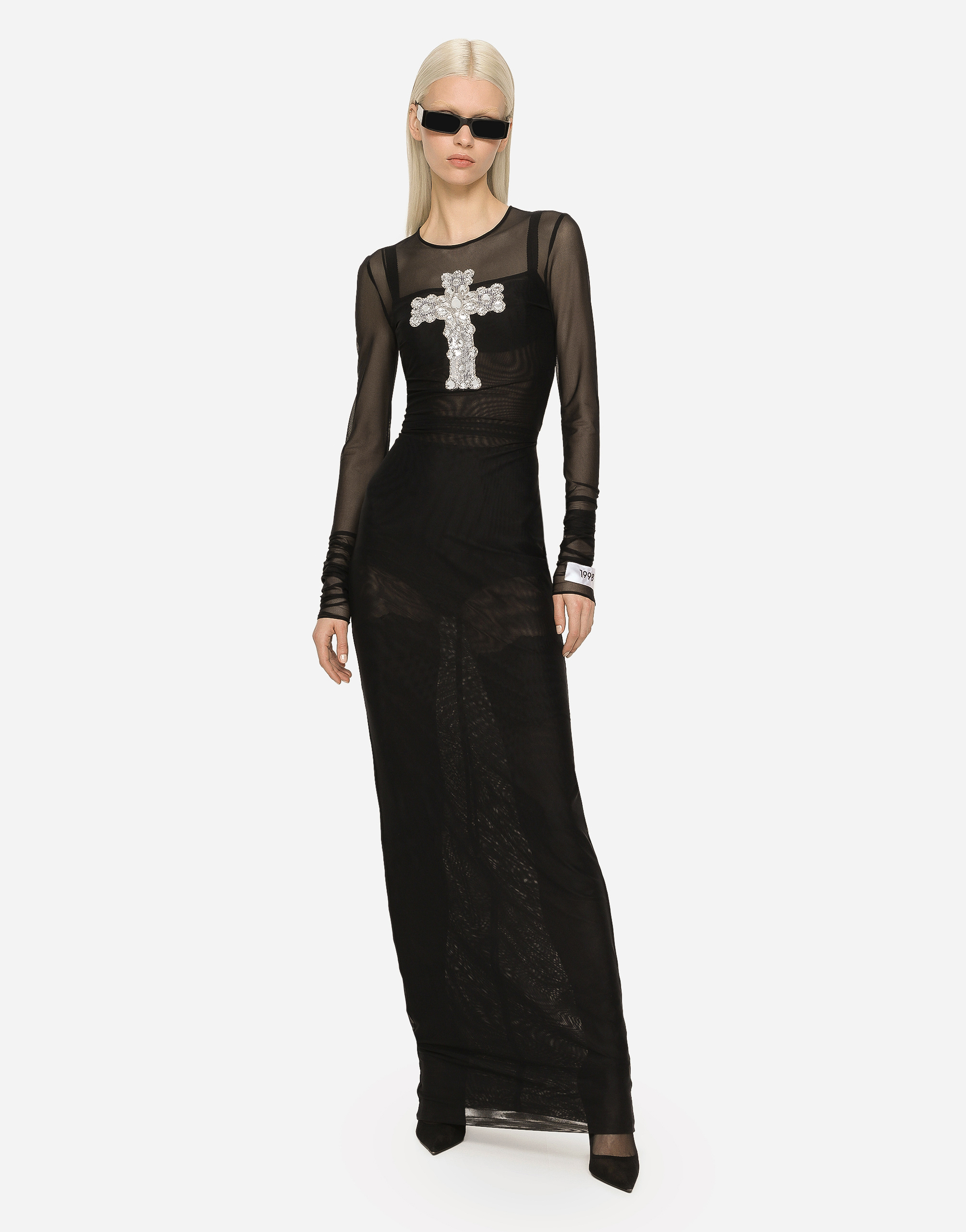 DOLCE & GABBANA Long Tulle Dress with Rhinestone Cross