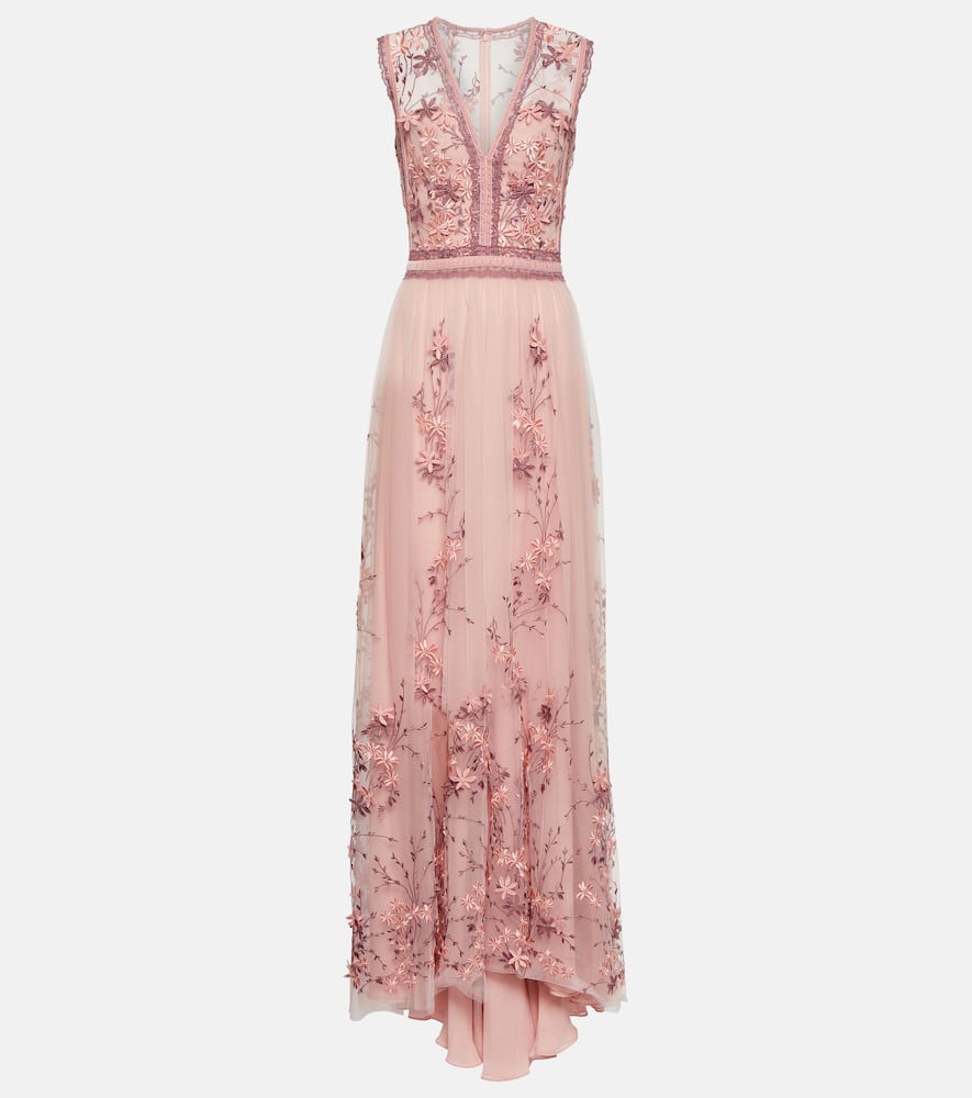 costarellos embroidered tulle dress Costarellos Embroidered Tulle Gown Beige Size 40 Short Sleeve Maxi Dress