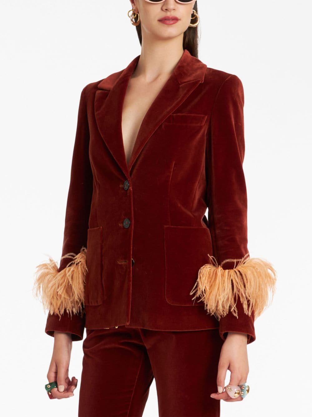 LA DOUBLEJ La DoubleJ Keaton Feather-Trim Velvet Blazer