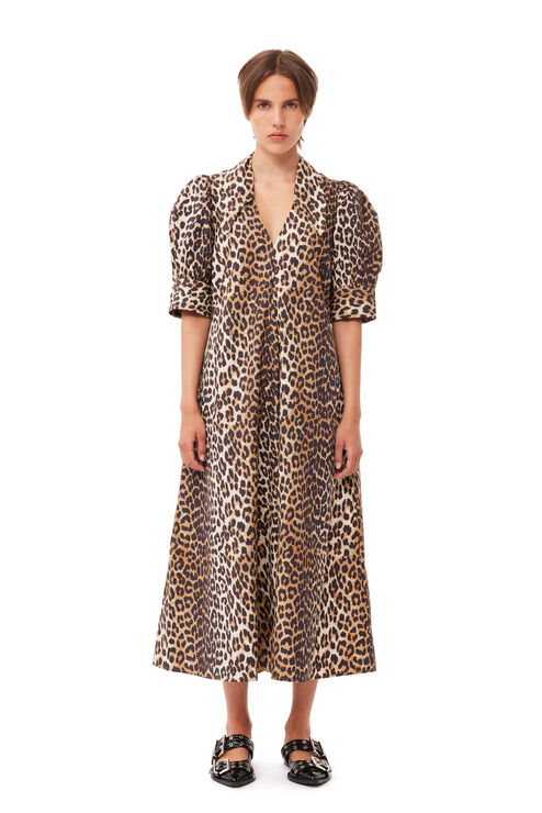 ganni leopard silk linen dress Ganni Silk Linen Leopard Print Midi Dress