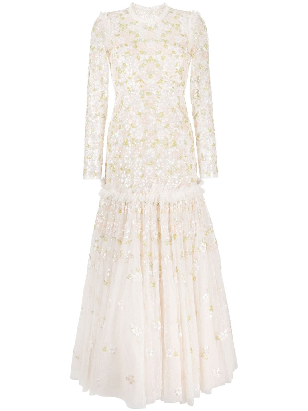 needle and thread long sleeve maxi dress Needle & Thread Brianna Floral-Embroidery Maxi Dress - White