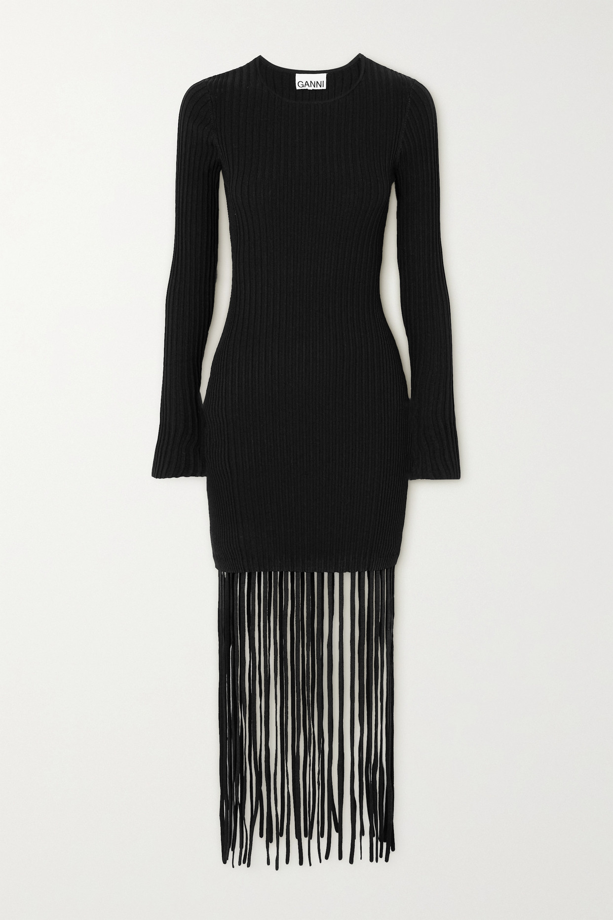 Ganni Fringed Ribbed-Knit Mini Dress In Black - 50% Off | Editorialist