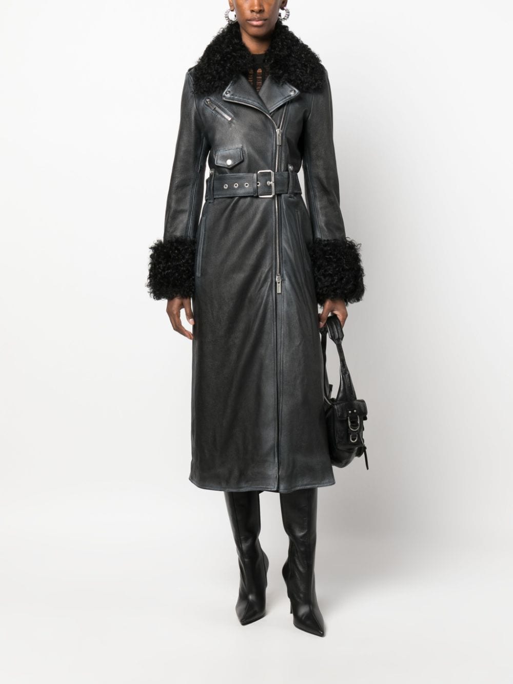 BLUMARINE Shearling-Trim Leather Coat