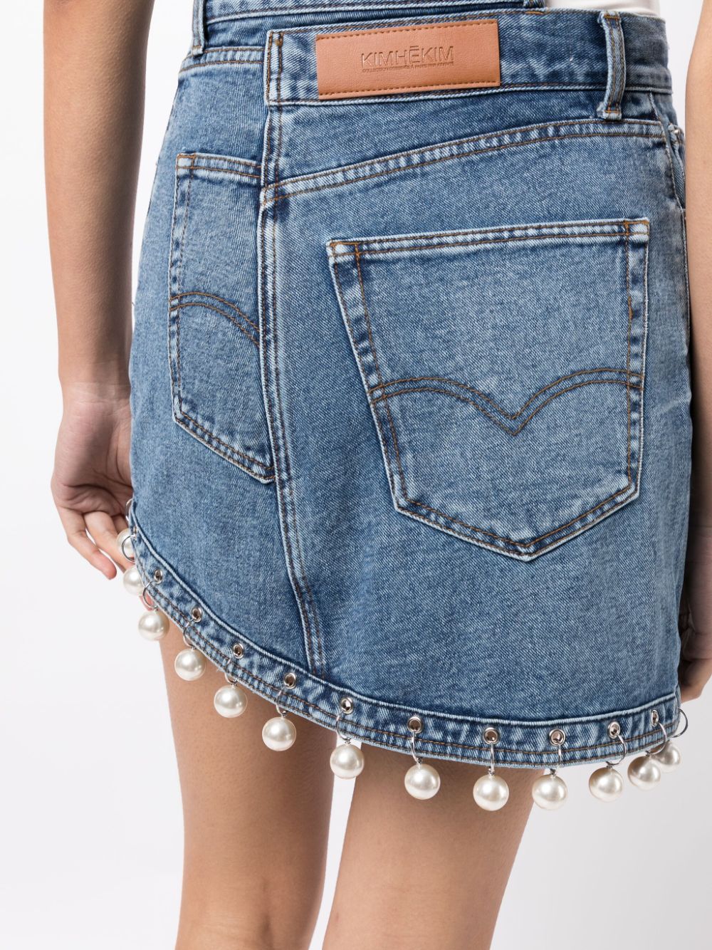 Kimhekim Faux-Pearl Embellished Mini Denim Skirt In Blue
