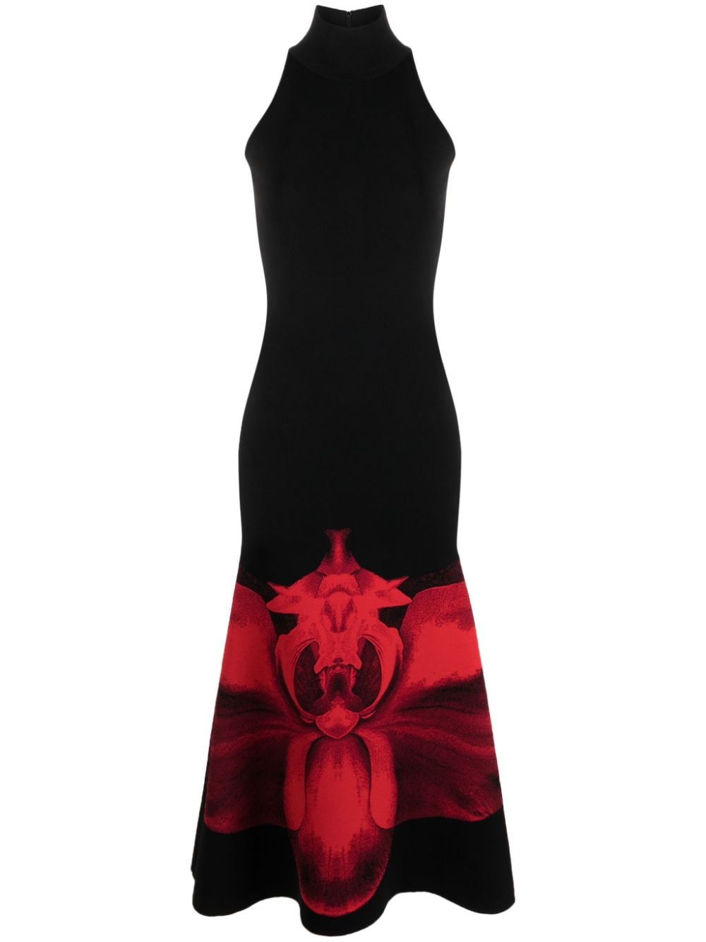 alexander mcqueen red and black dress Alexander McQueen Paris Ready to Wear Autumn Winter Final Show Red draped dress short sleeves and gold emboidery, black thigh Stock Photo