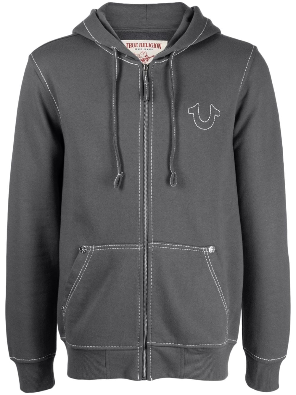 True Religion Logo-Embroidered Zip-Up Hoodie In Grey - 22% Off
