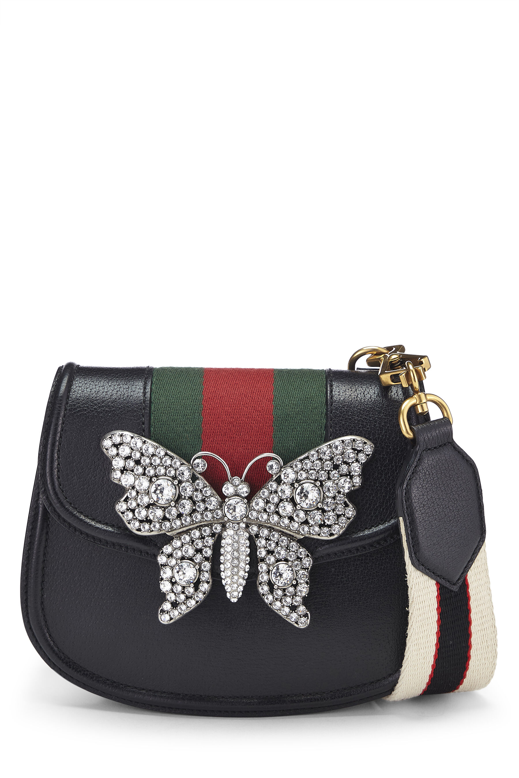 Gucci Leather Butterfly Charm Web Crossbody Bag - Black | Editorialist