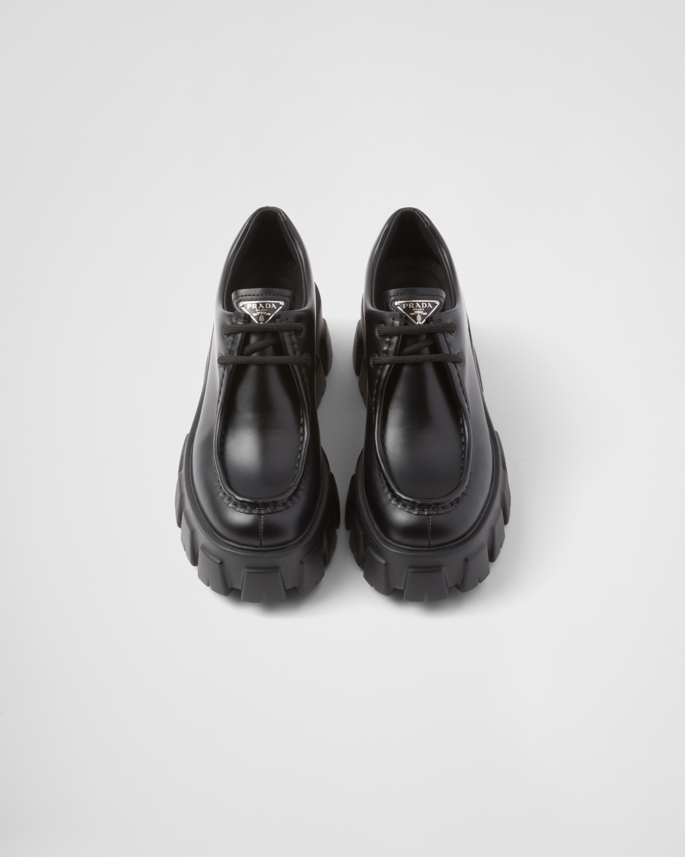 Prada Monolith Brushed Leather Lace-Up Shoes - Black | Editorialist