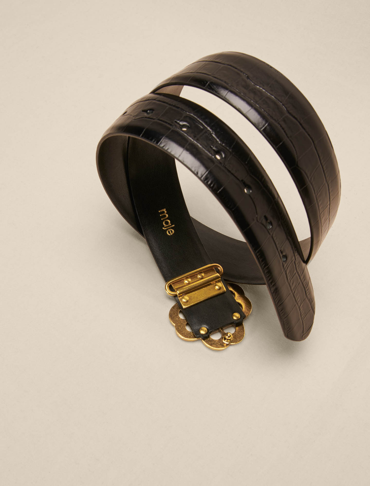 Maje Black Croc-Embossed Double Buckle Belt with Silver Hardware Croc-effect leather double M belt Black / Gray For Women | Maje main image 4