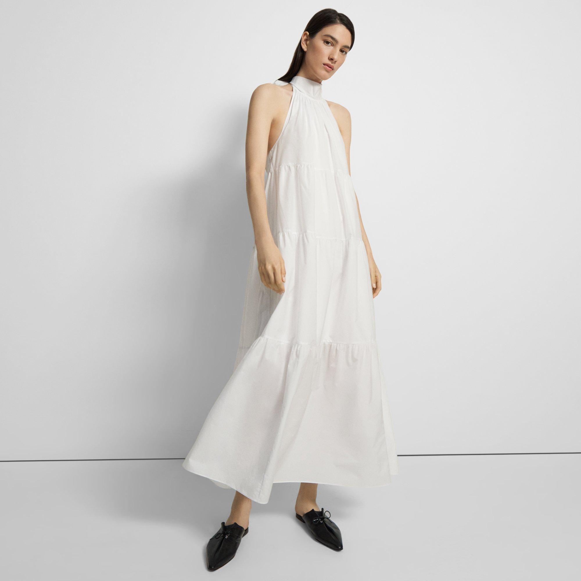 theory halter dress Tiered Maxi In Cotton Blend In White - 80% Off special_occasion_dress