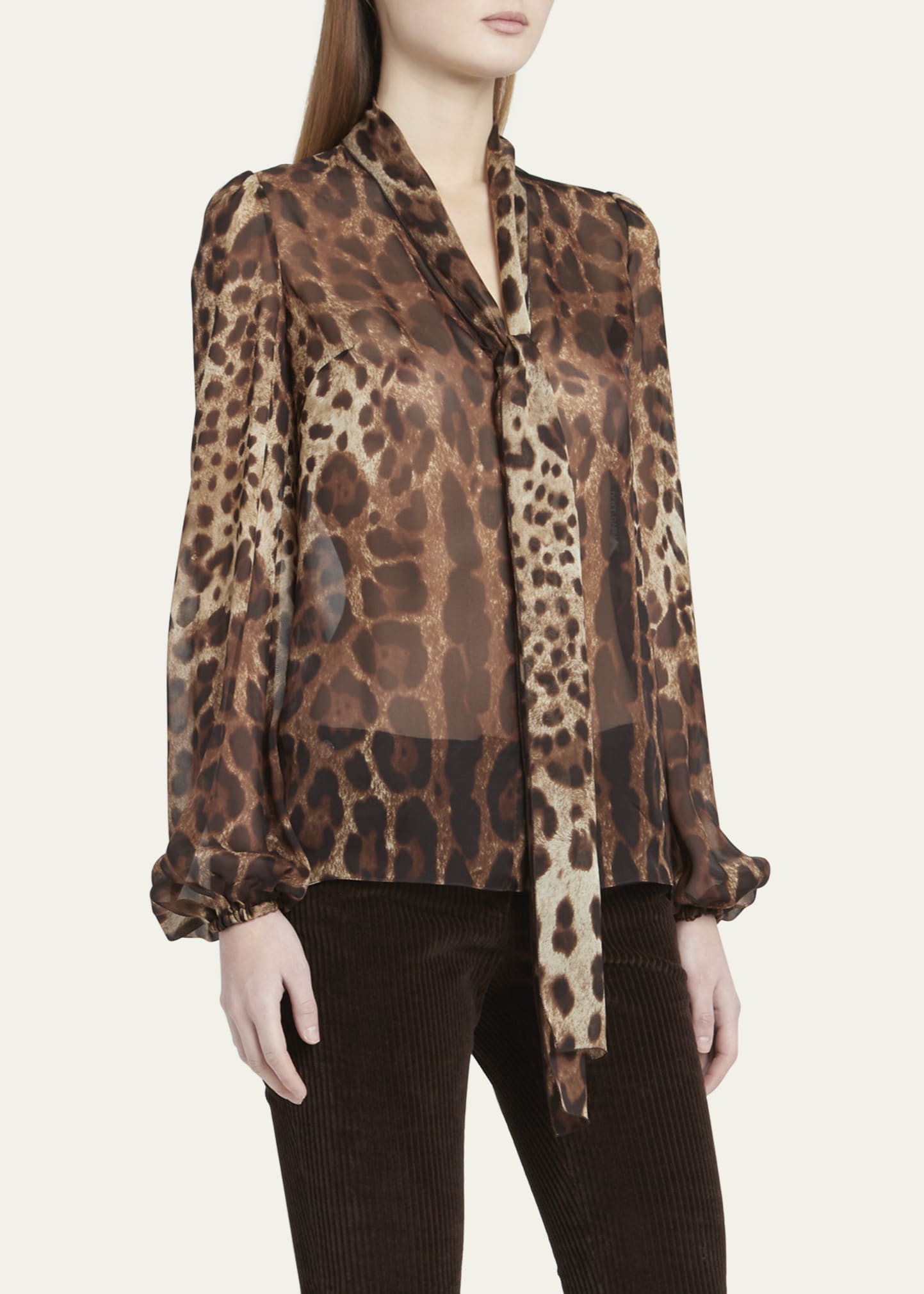 Dolce Gabbana Leopard Print Tie-Neck Chiffon Blouse Ltbrownprt