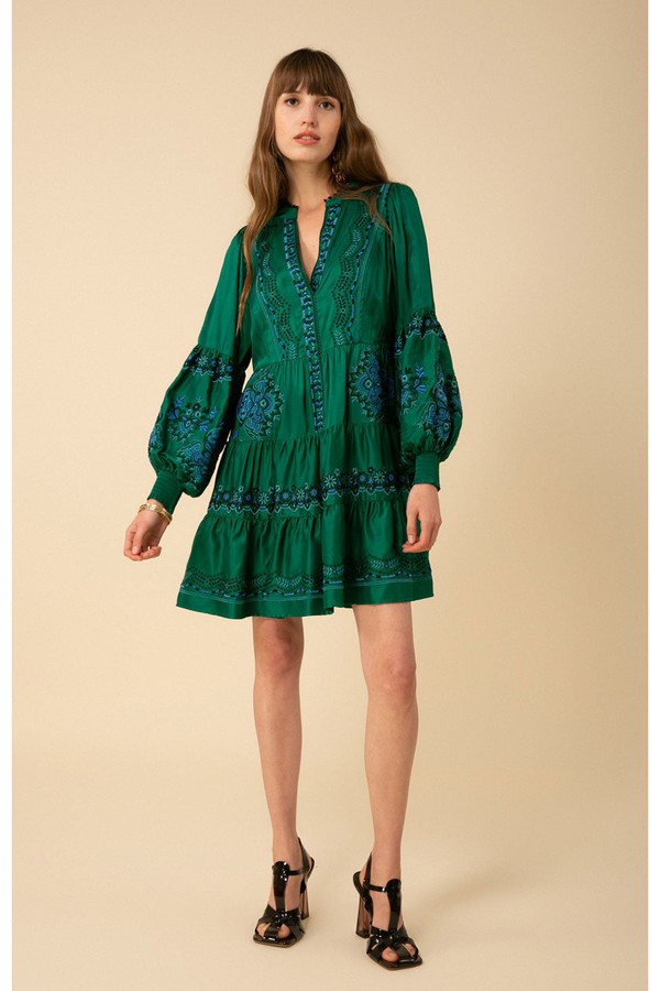 sachin and babi light blue dress Pure Cotton Embroidered Mini Smock Dress | DARK GREEN | Dresses main image 0
