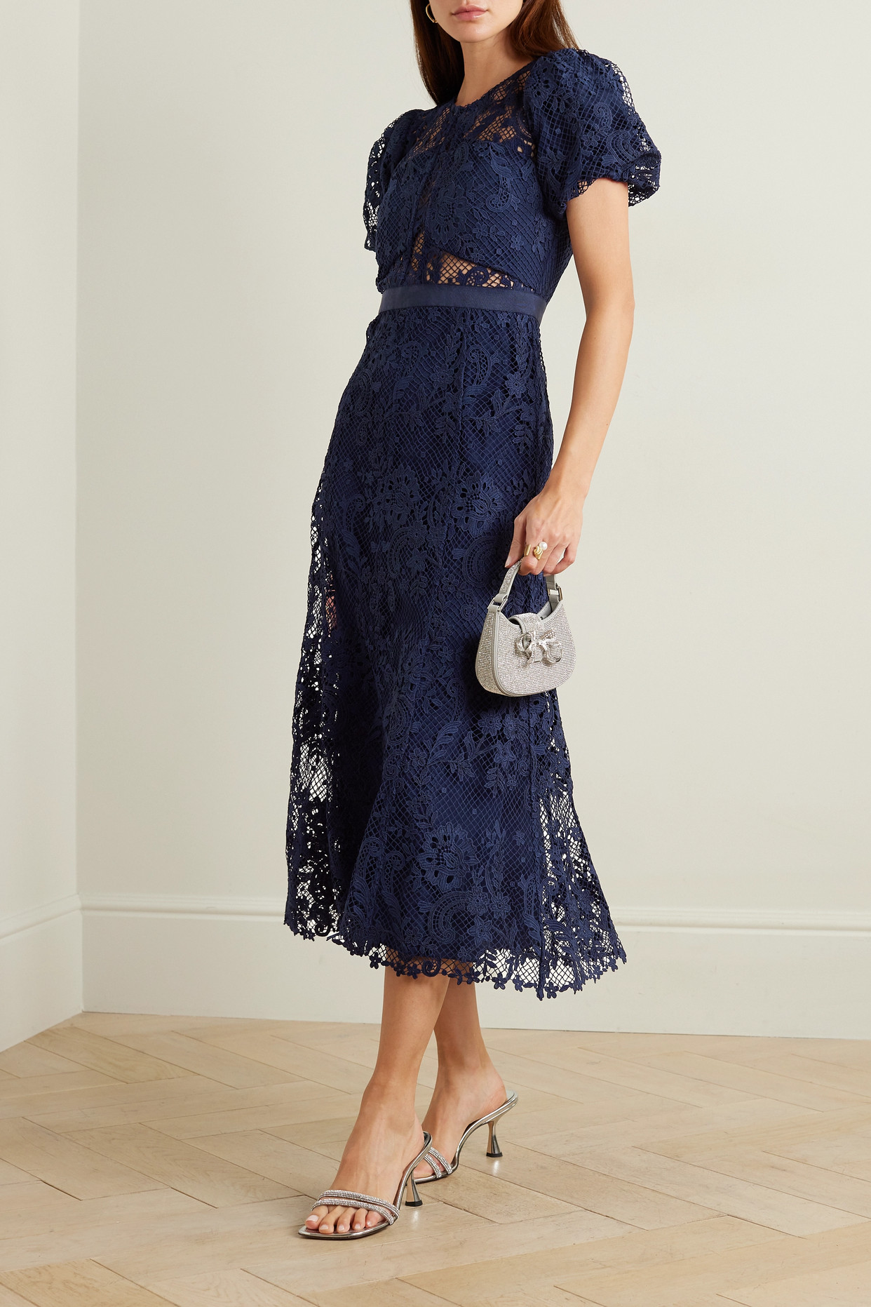 Self-Portrait Grosgrain-Trimmed Corded Guipure Lace Midi Dress In Blue - 50% Off | Editorialist Self-Portrait Grosgrain-Trimmed Corded Guipure Lace Midi Dress In Blue - 50% Off | Editorialist