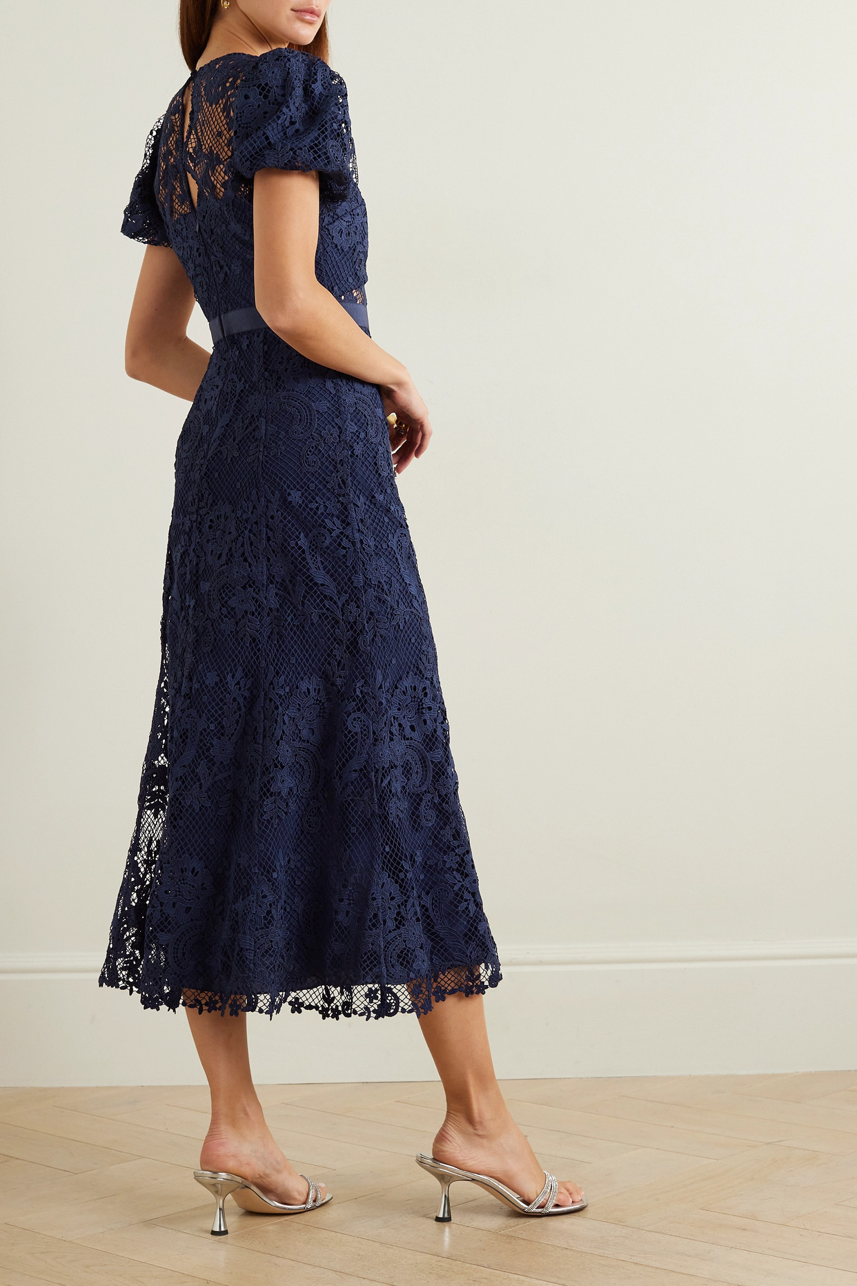 Self-Portrait Grosgrain-Trimmed Corded Guipure Lace Midi Dress In Blue -  50% Off | Editorialist