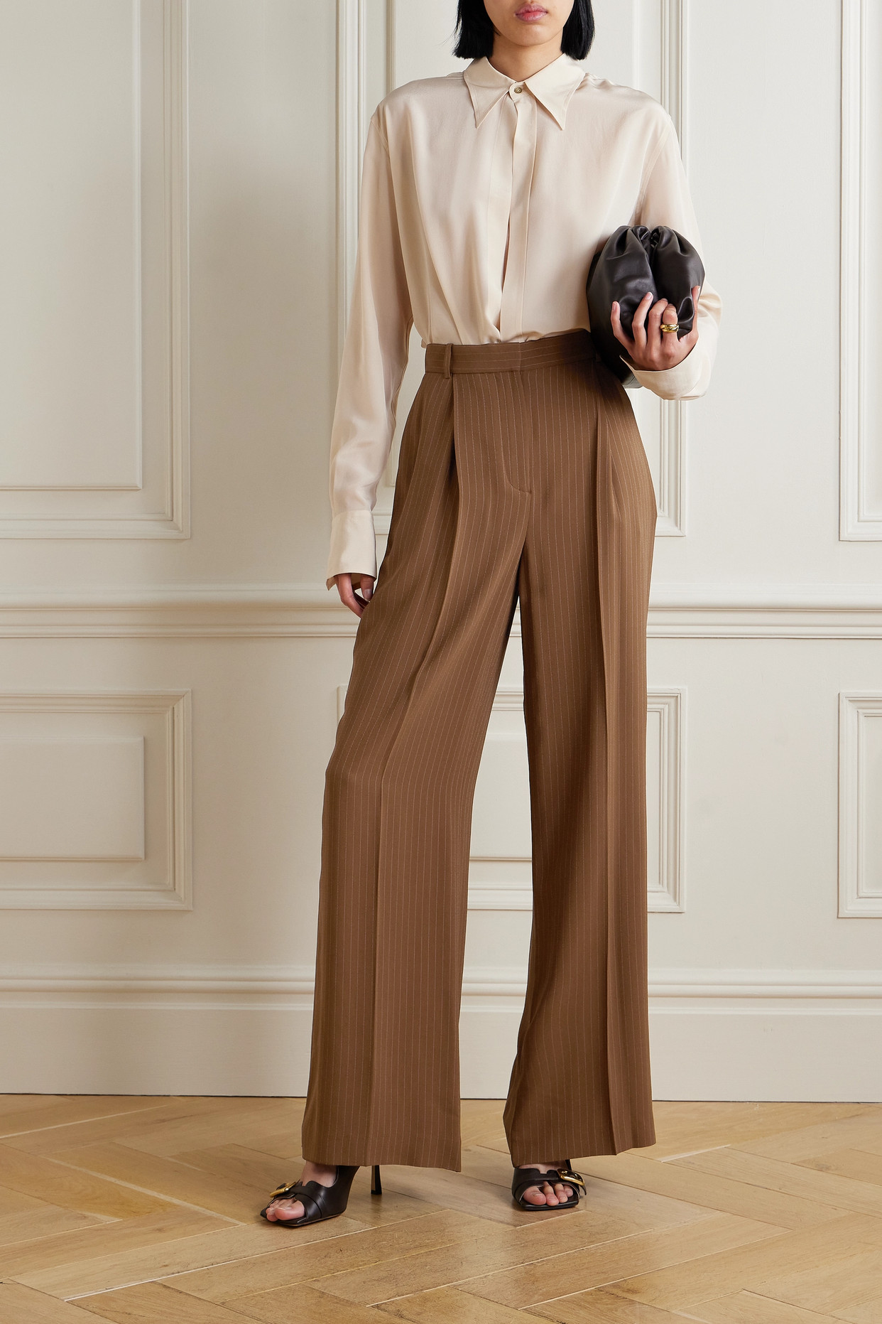 LORO PIANA Loro Piana Jail Pleated Pinstriped Silk-blend Georgette Wide-Leg Pants