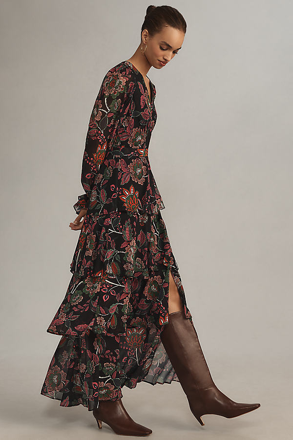 hutch bardot long-sleeve v-neck velvet burnout wrap tiered maxi dress New Anthropologie Hutch Long-Sleeve Velvet Wrap Maxi Dress Burnout Navy MP  NWT