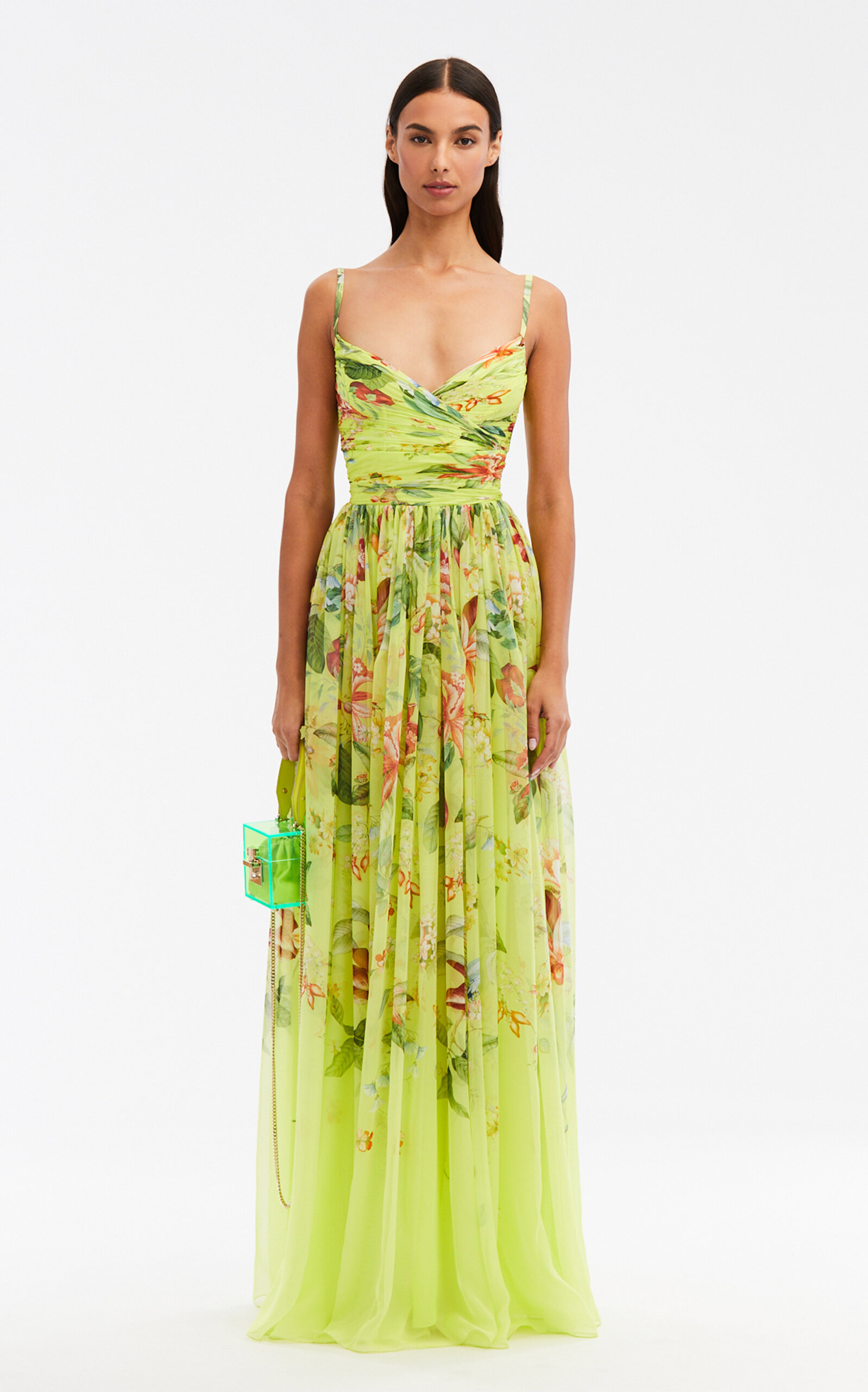 Oscar De La Renta Draped V Neck Floral & Fauna Chiffon Gown Only - Yellow |  Editorialist