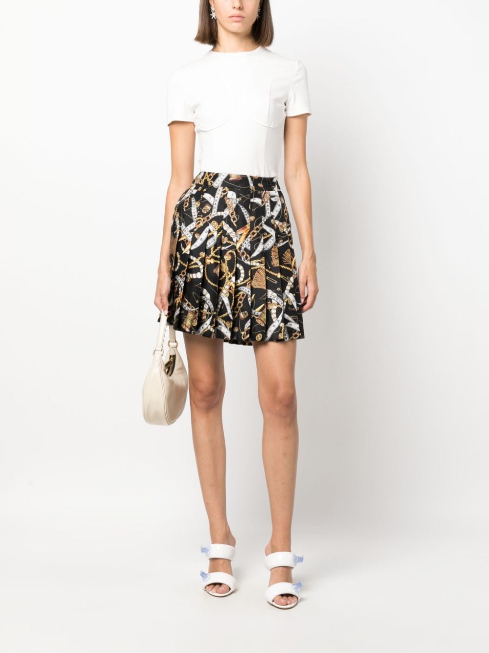 MOSCHINO Moschino Black Silk Chain-Link Print Knife-Pleat A-Line Skirt