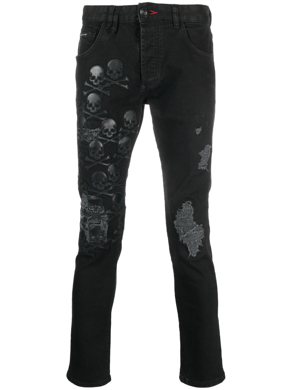 Philipp Plein Skull & Bones Logo-Embroidered Ripped Jeans In Black