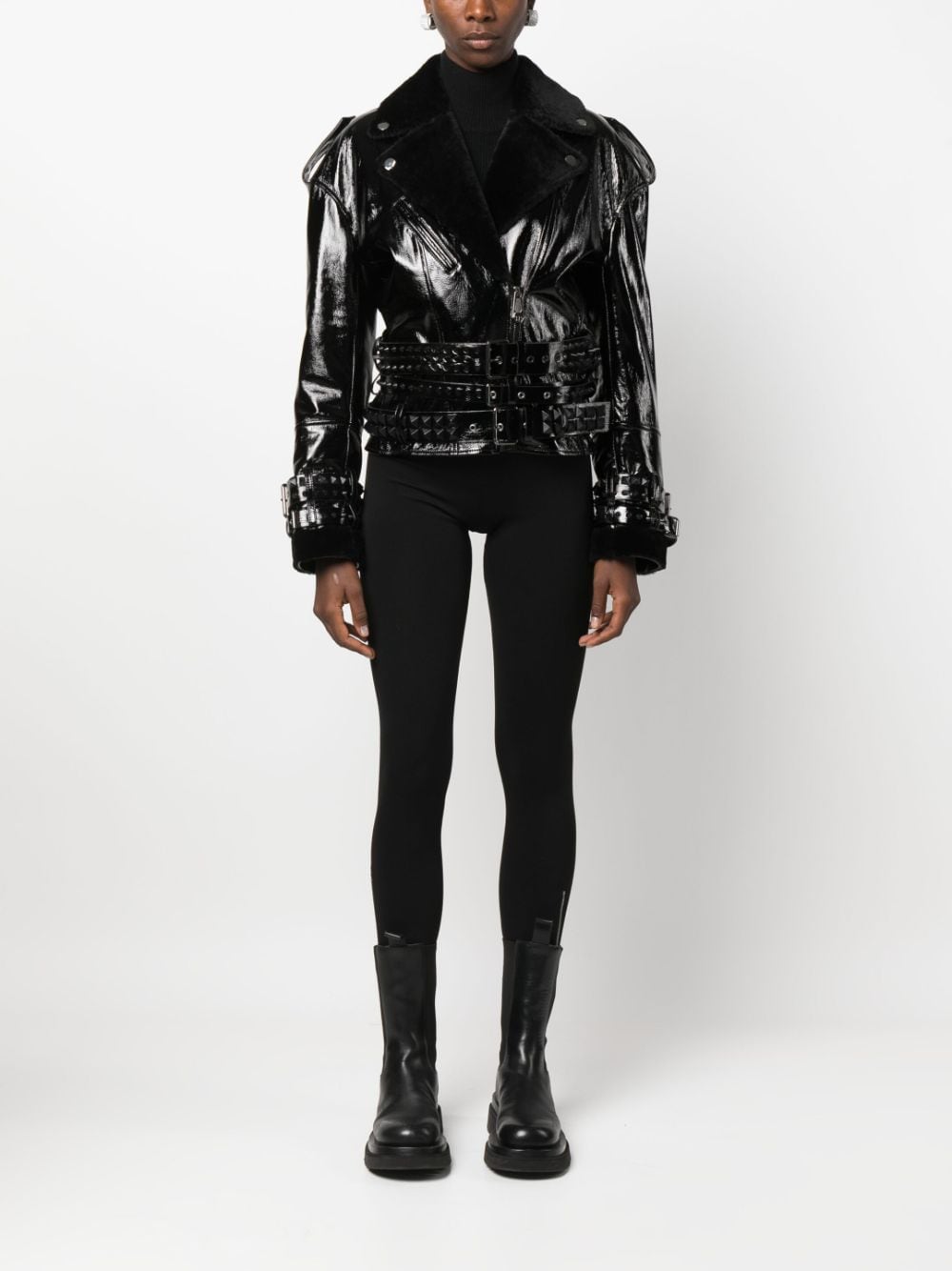PHILIPP PLEIN Philipp Plein Shearling-Collar Patent-Leather Jacket