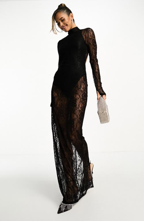 asos design lace overlay bodysuit maxi dress in black ASOS DESIGN lace overlay bodysuit maxi dress in black