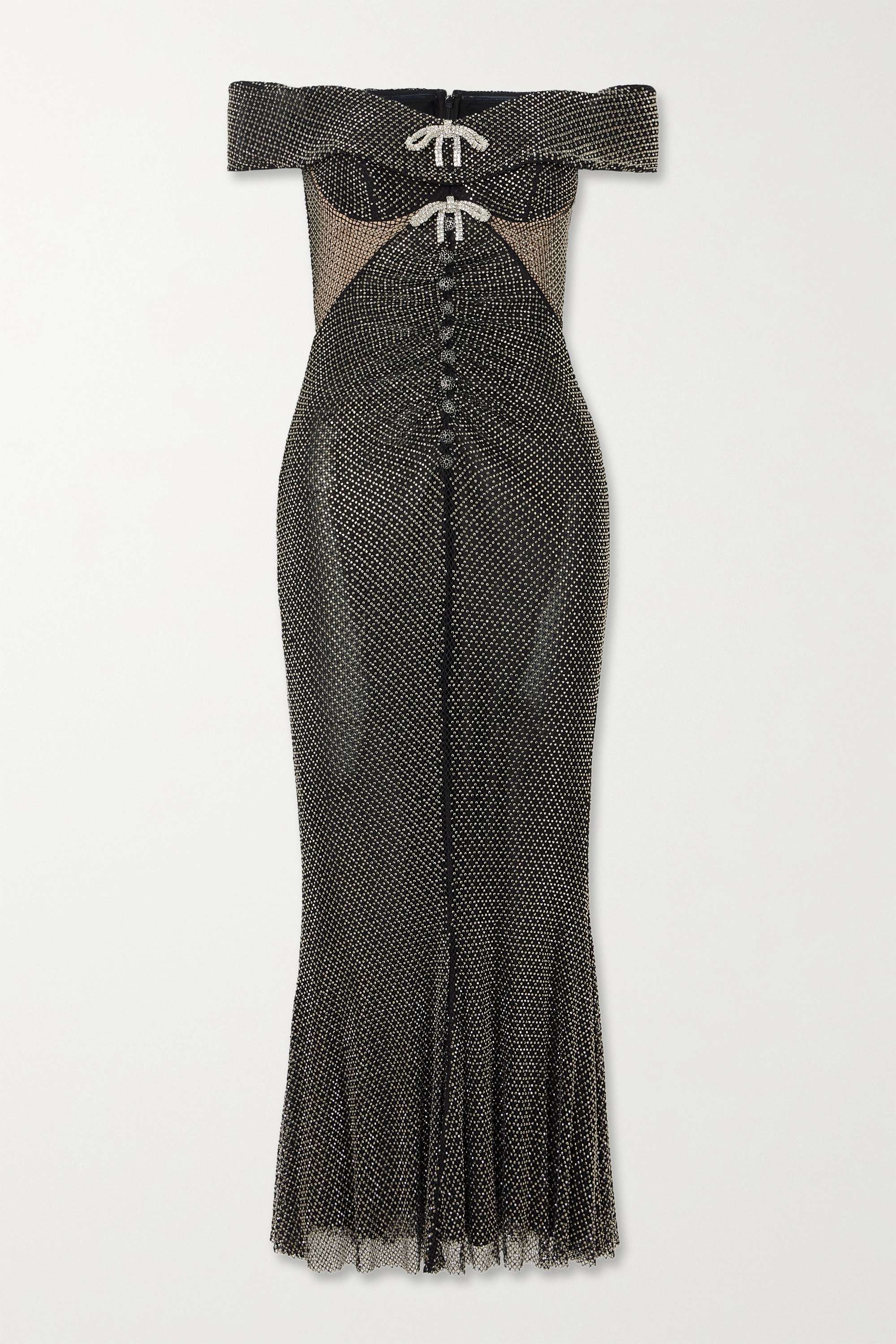 knee length dresses for ladies Self-Portrait - Gunmetal Rhinestone Mesh Midi Dress