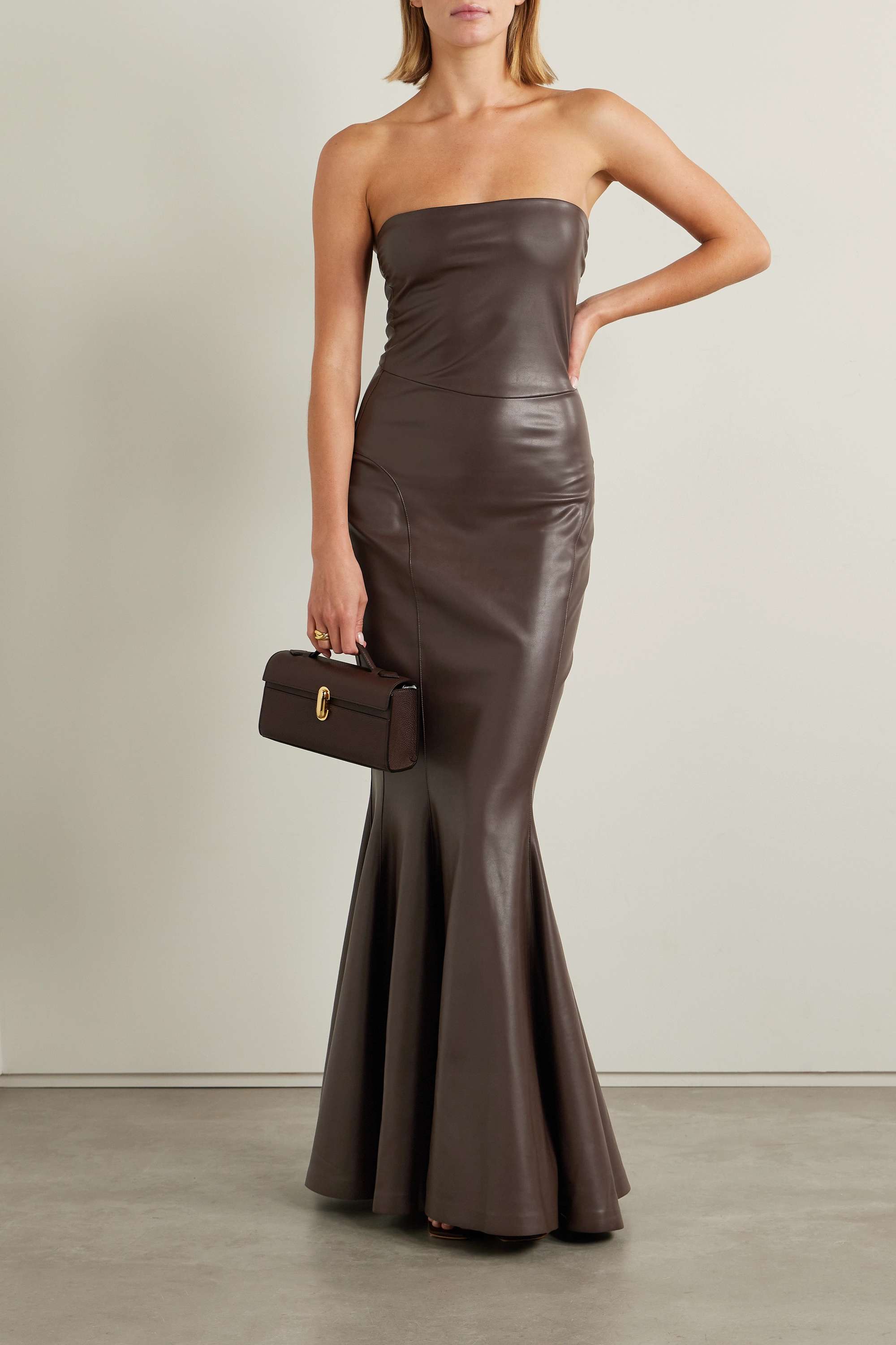 Norma Kamali Strapless Faux Leather Maxi Dress In Brown - 50% Off |  Editorialist