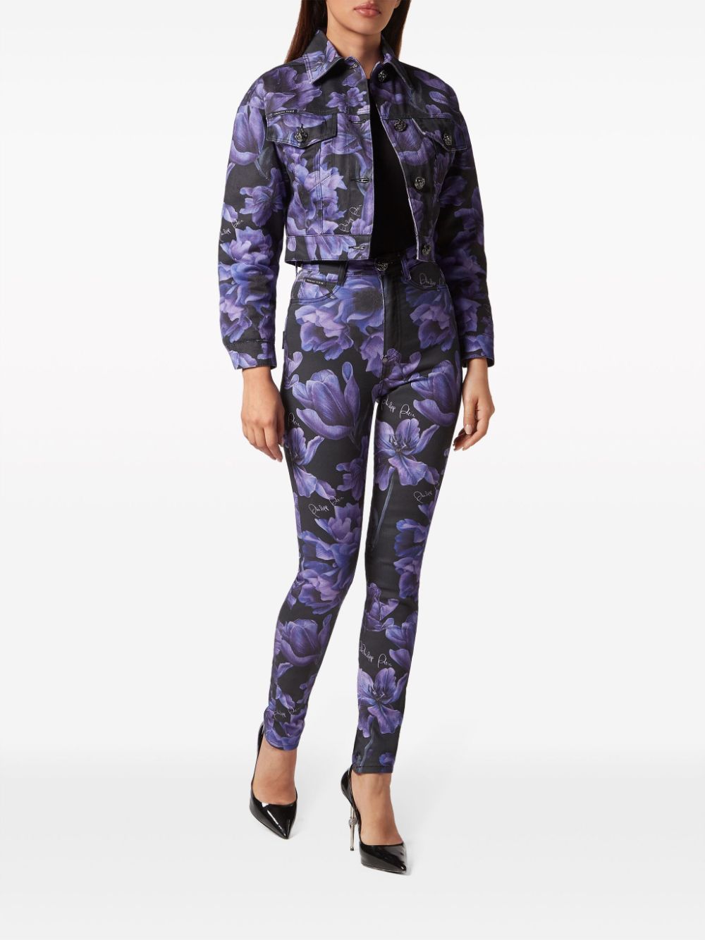 PHILIPP PLEIN Philipp Plein Floral-Print Cropped Denim Jacket