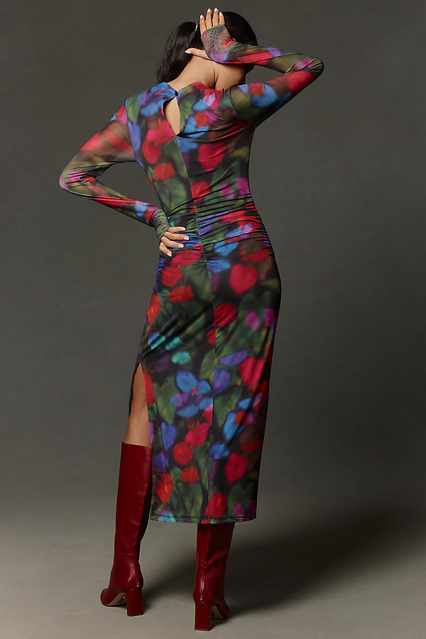 farm rio long-sleeve mock-neck a-line midi dress FARM Rio Red 3d Roses Long Sleeve Draped Midi Dress, Red / M