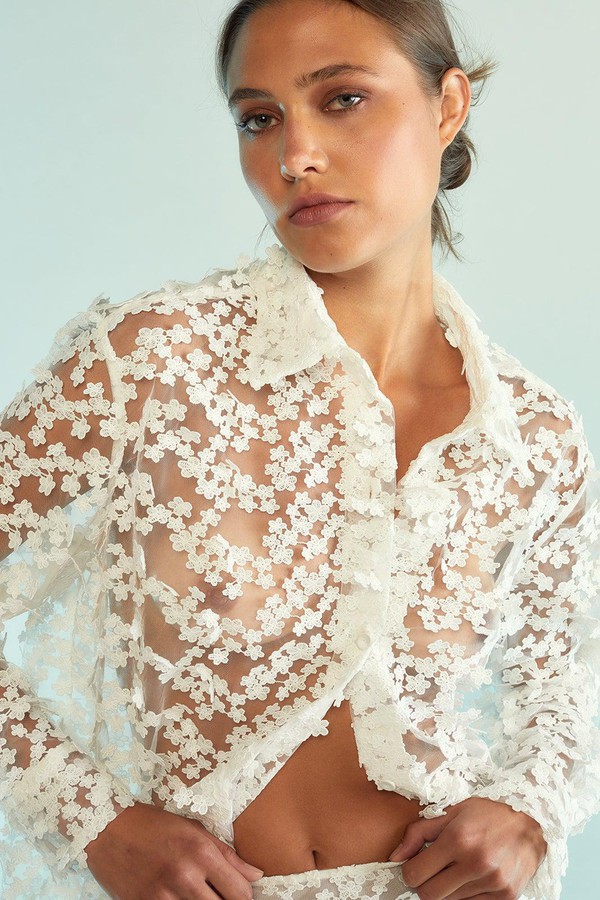 Cynthia Rowley 3d Embroidered Tulle Button Down Shirt - White