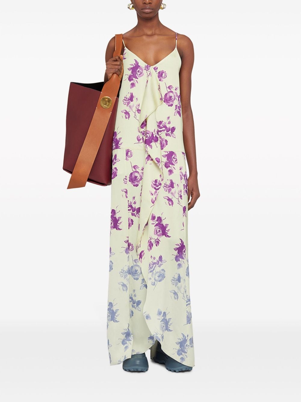jil sander long dress Pleated linen maxi dress - white