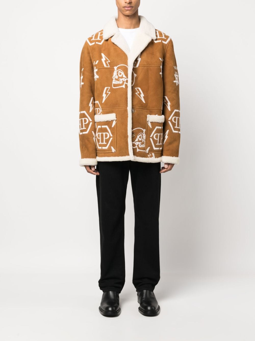 PHILIPP PLEIN Philipp Plein Logo-Embroidered Suede Coat