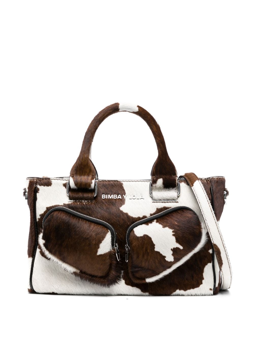Bimba Y Lola Medium Pocket Cow-Print Tote Bag Brown Editorialist
