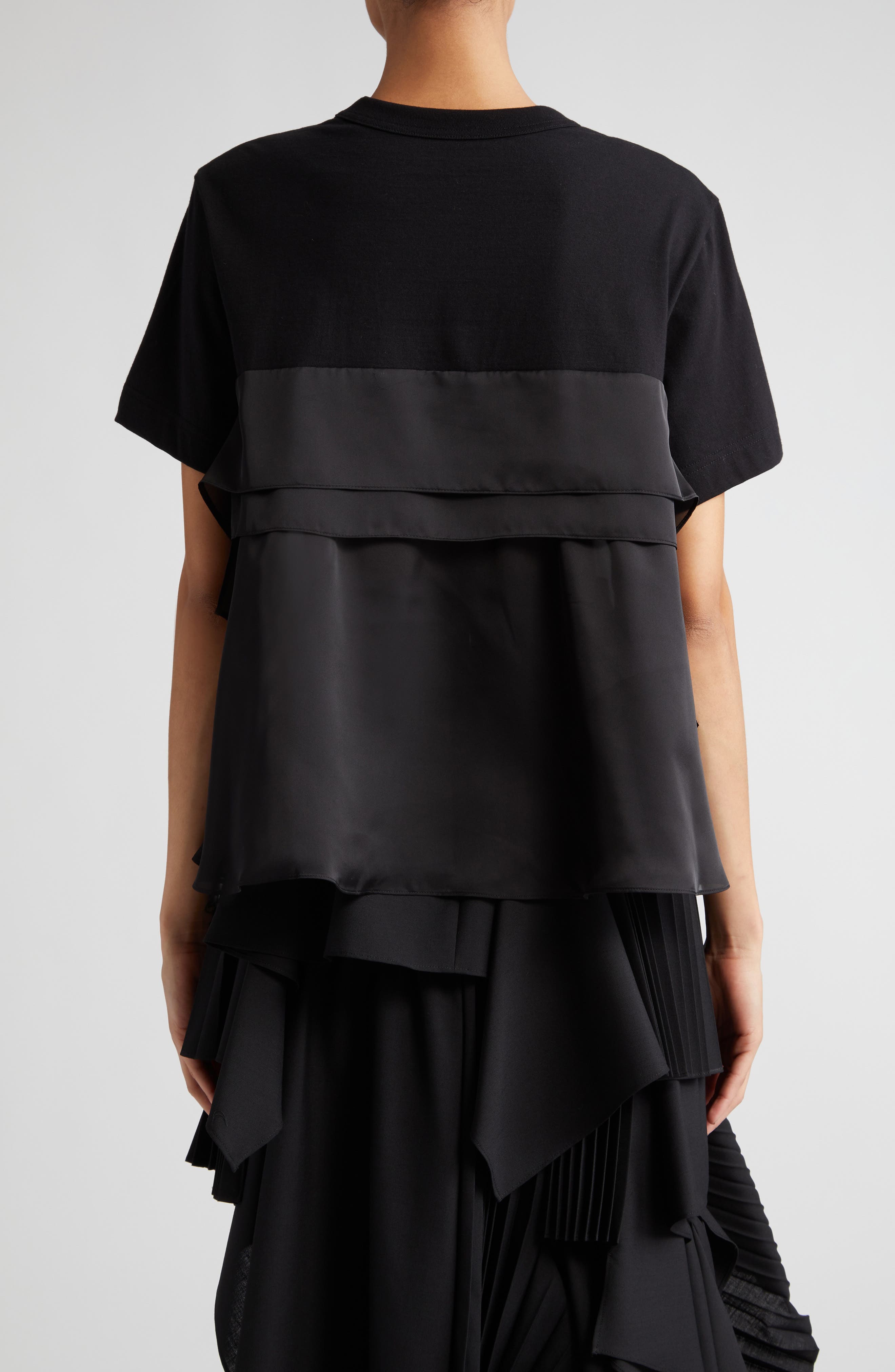 Sacai Tiered Mixed Media Satin & Cotton Jersey T-Shirt - Black 