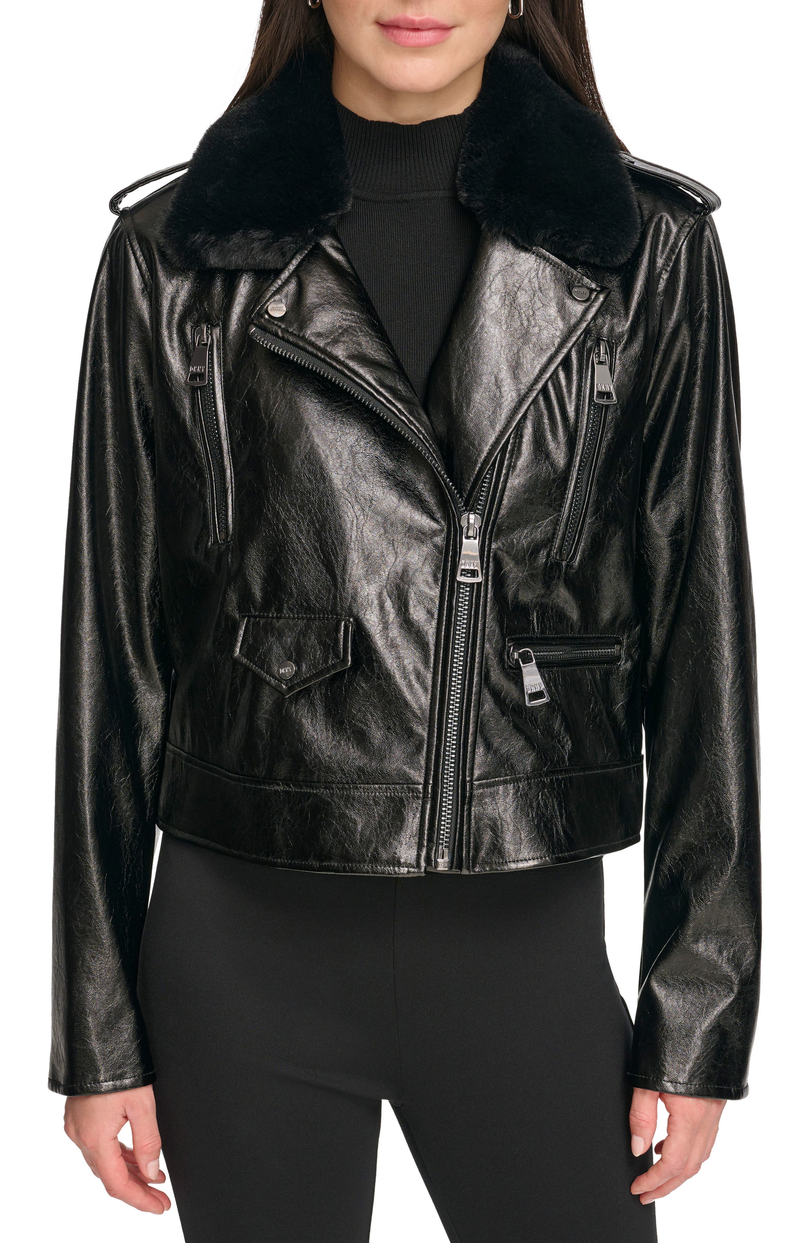 Dkny Crackle Faux Leather Moto Jacket With Faux Fur Collar - Black 