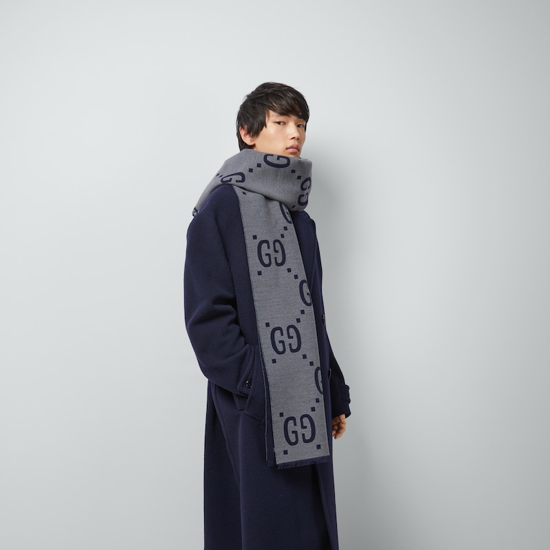 GUCCI gg jacquard wool silk scarf, blue