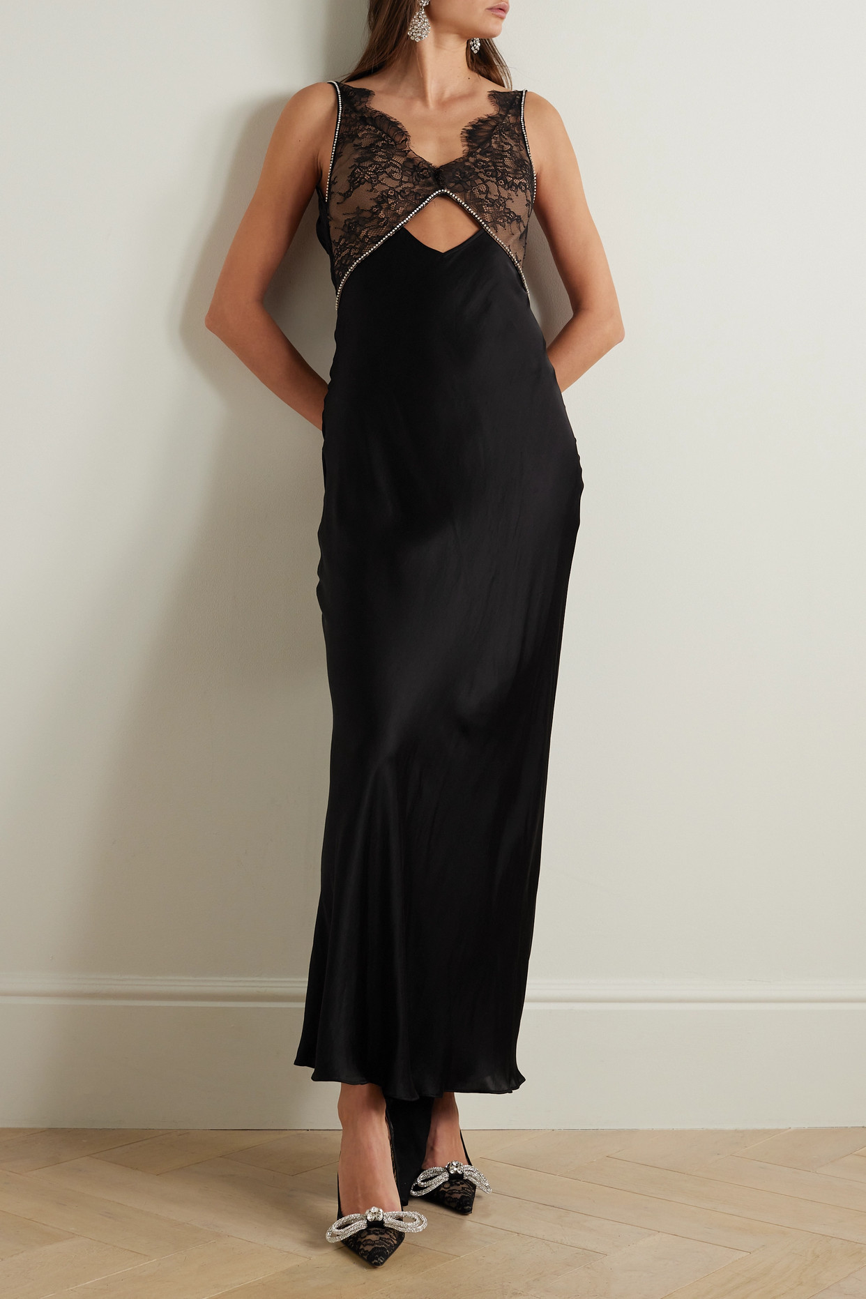 knee length dresses for ladies Champagne Rhinestone Lace Trim Maxi Dress – self-portrait-US main image 1