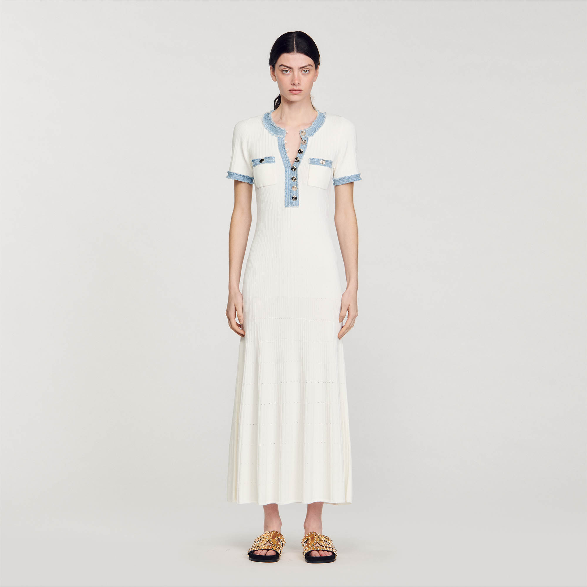 sandro knit and denim maxi dress Sandro Knit And Denim Maxi Dress In White - 30% Off
