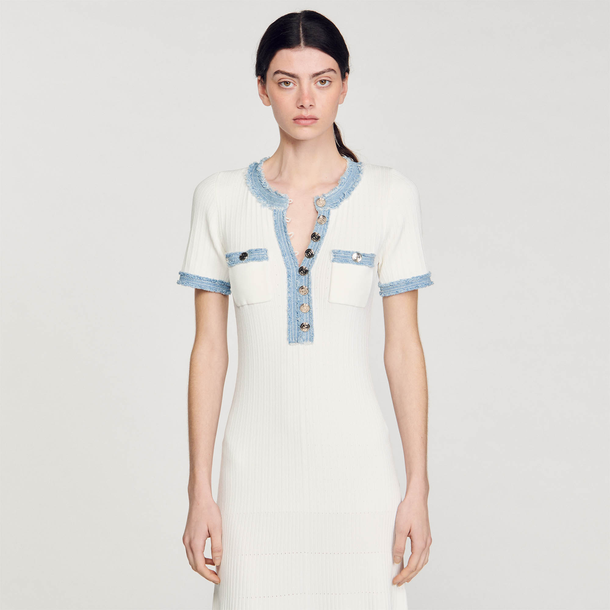 Sandro Knit And Denim Maxi Dress In White - 30% Off | Editorialist