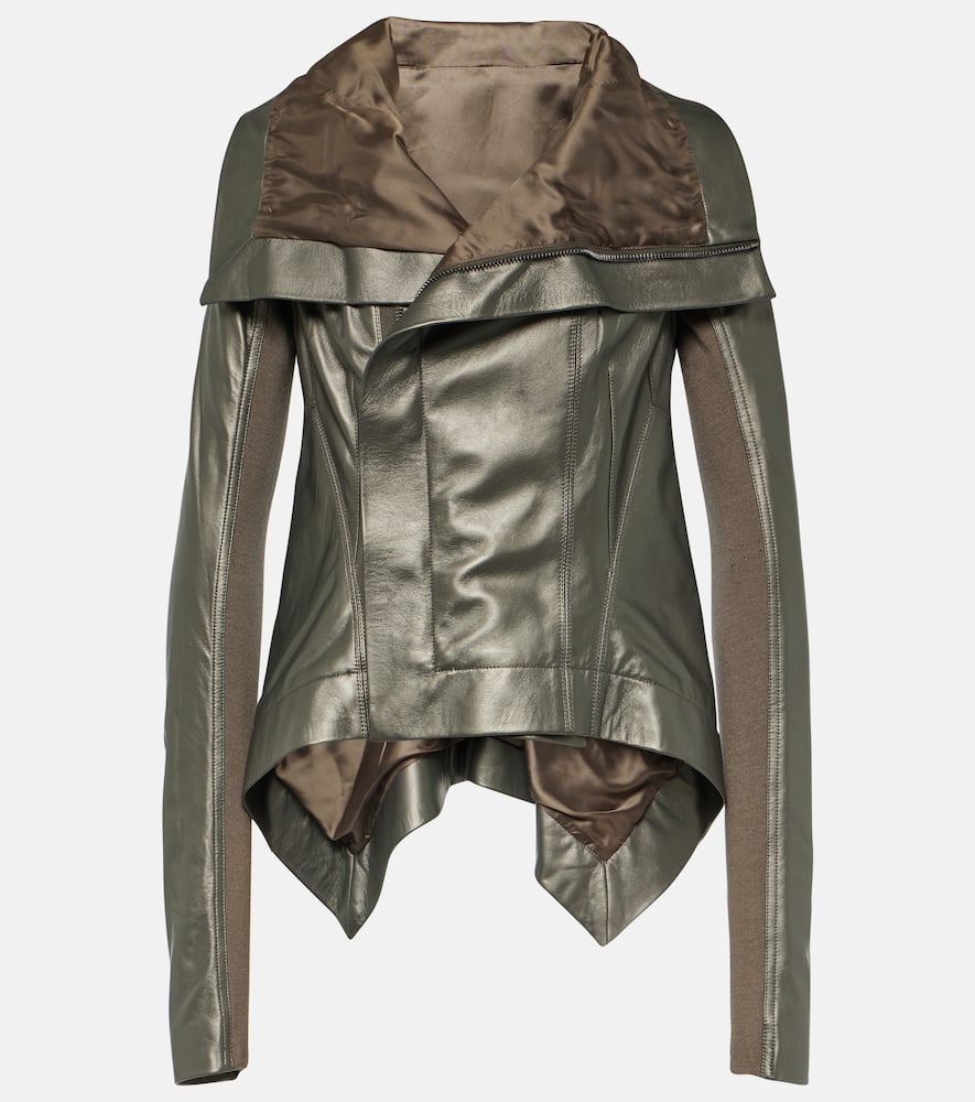 Rick Owens Metallic Leather Biker Jacket In Grey - 50% Off