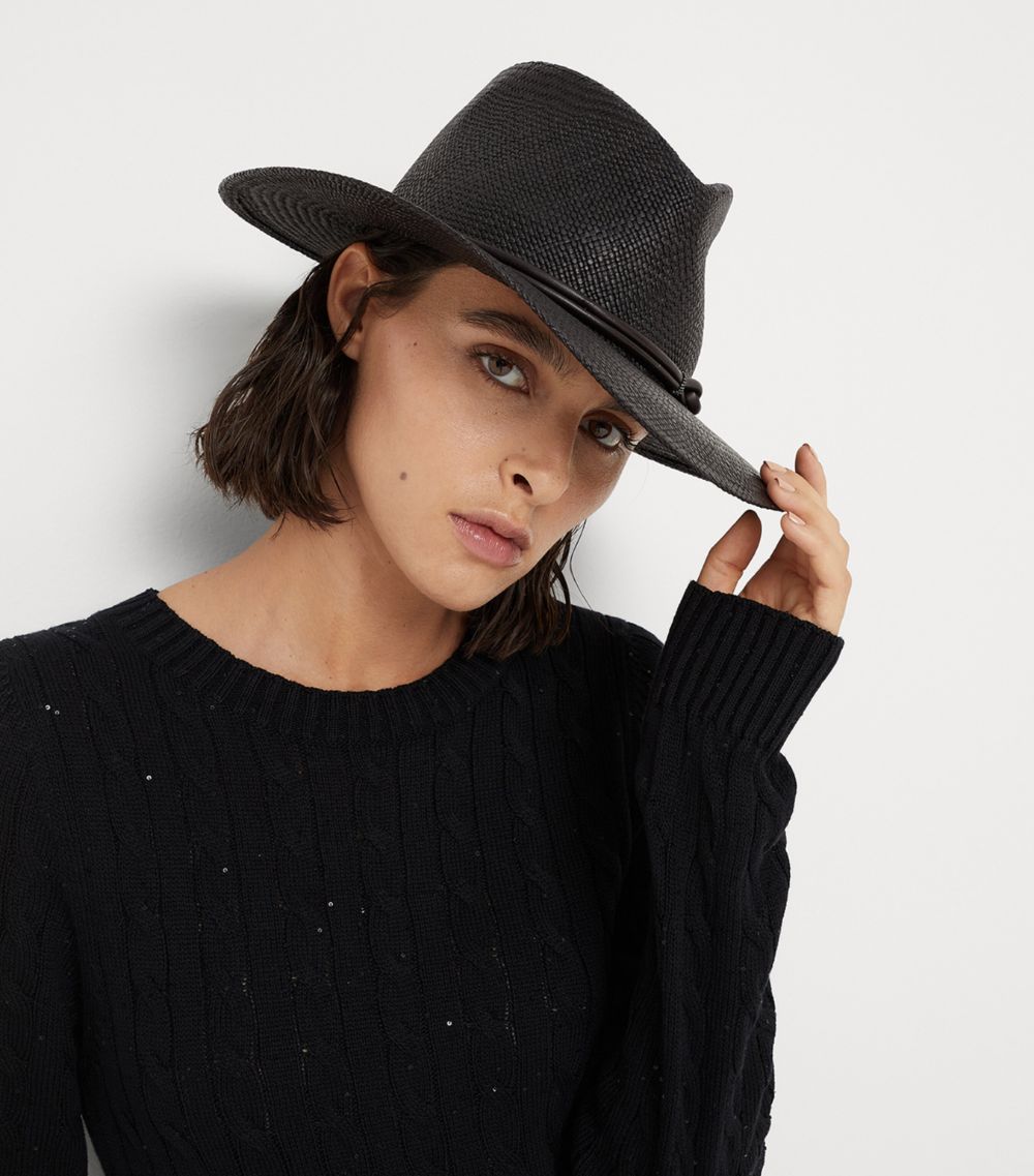Brunello Cucinelli Black Straw Fedora with Natural Tag Brunello Cucinelli Straw Fedora Hat - Black | Editorialist main image 4