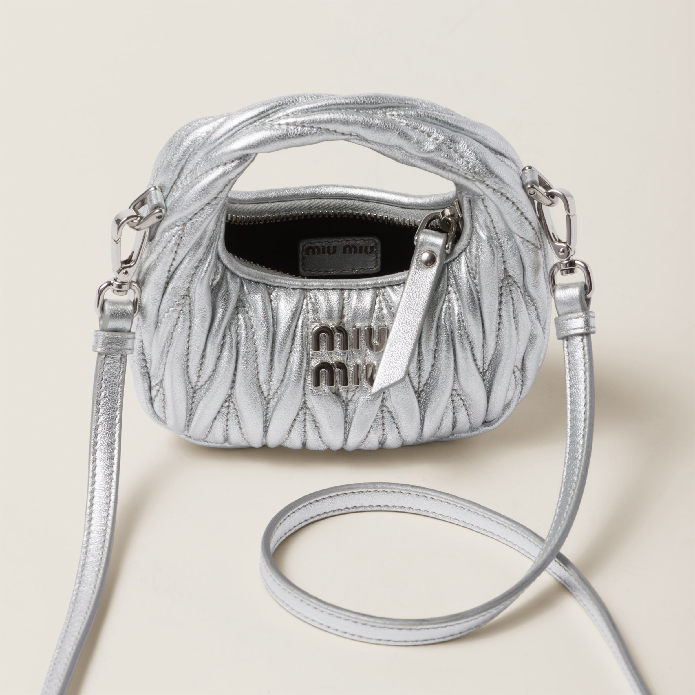 Miu Miu Wander Matelassé Nappa Leather Micro Hobo Bag - Silver