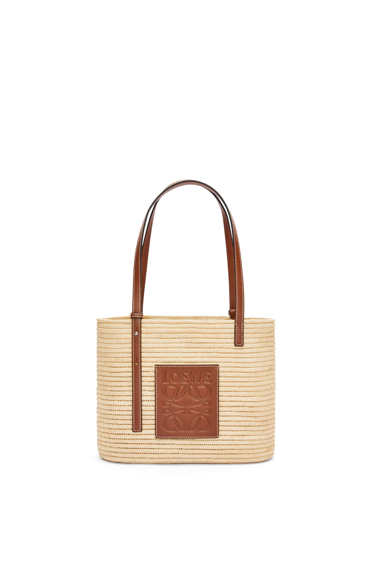 Loewe Small Square Basket Bag In Raffia And Calfskin - Natural