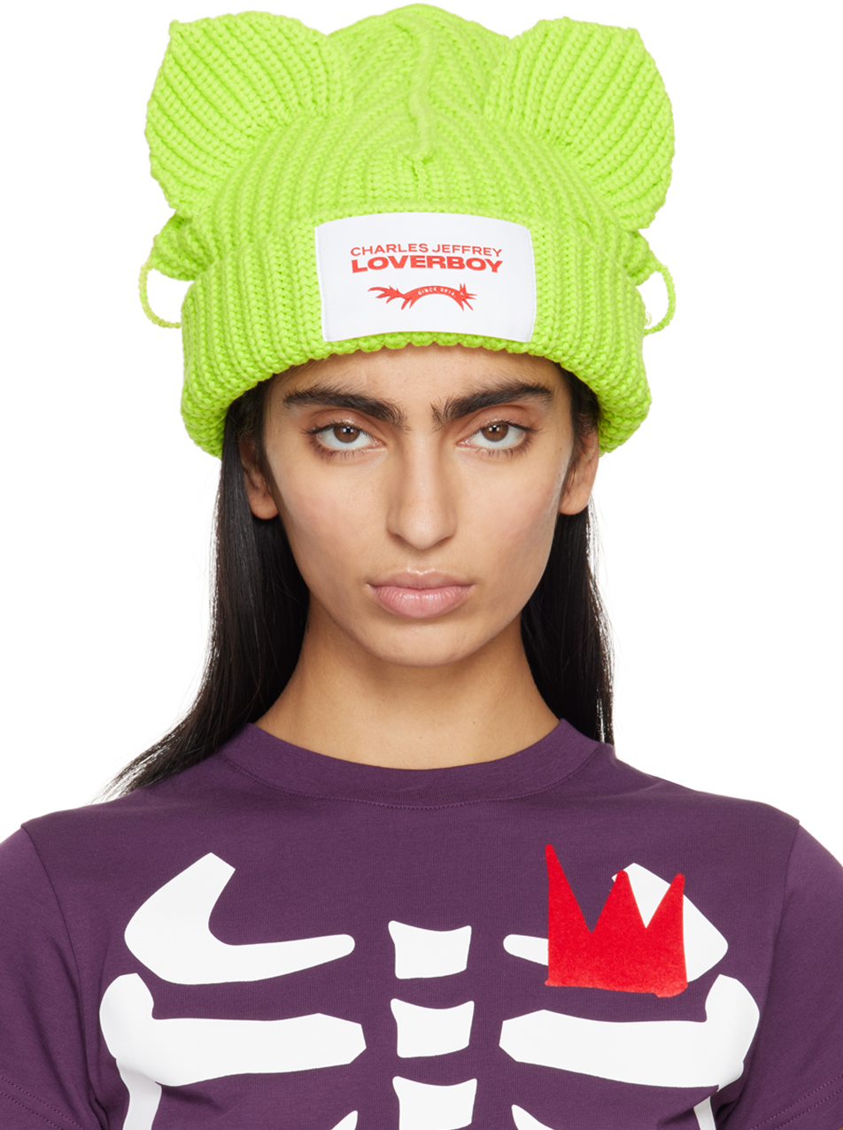 Charles Jeffrey Loverboy Green Chunky Ears Beanie In Neon