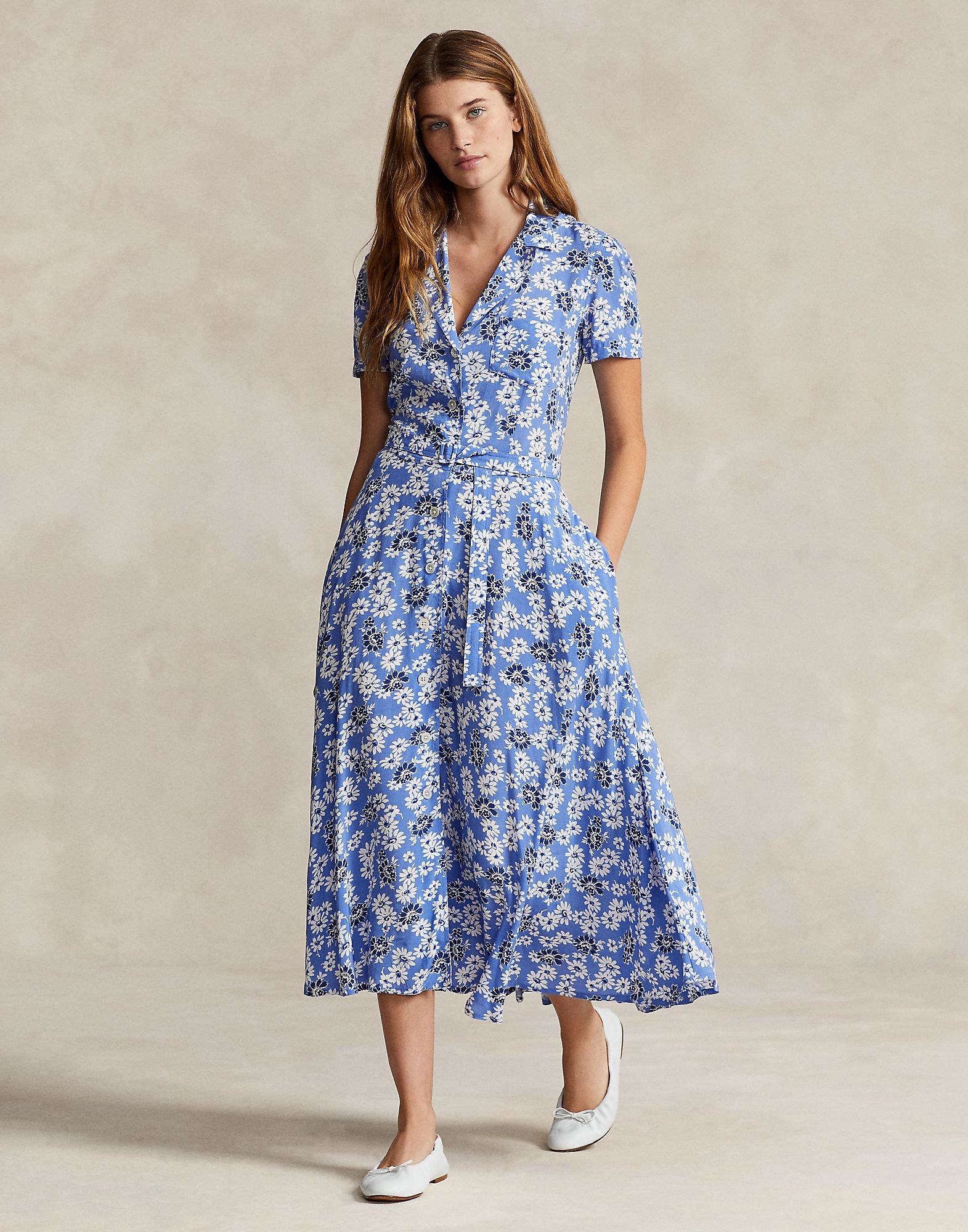Buy Polo Ralph Lauren Hampton Floral Crepe Midi Shirt Dress - Blue