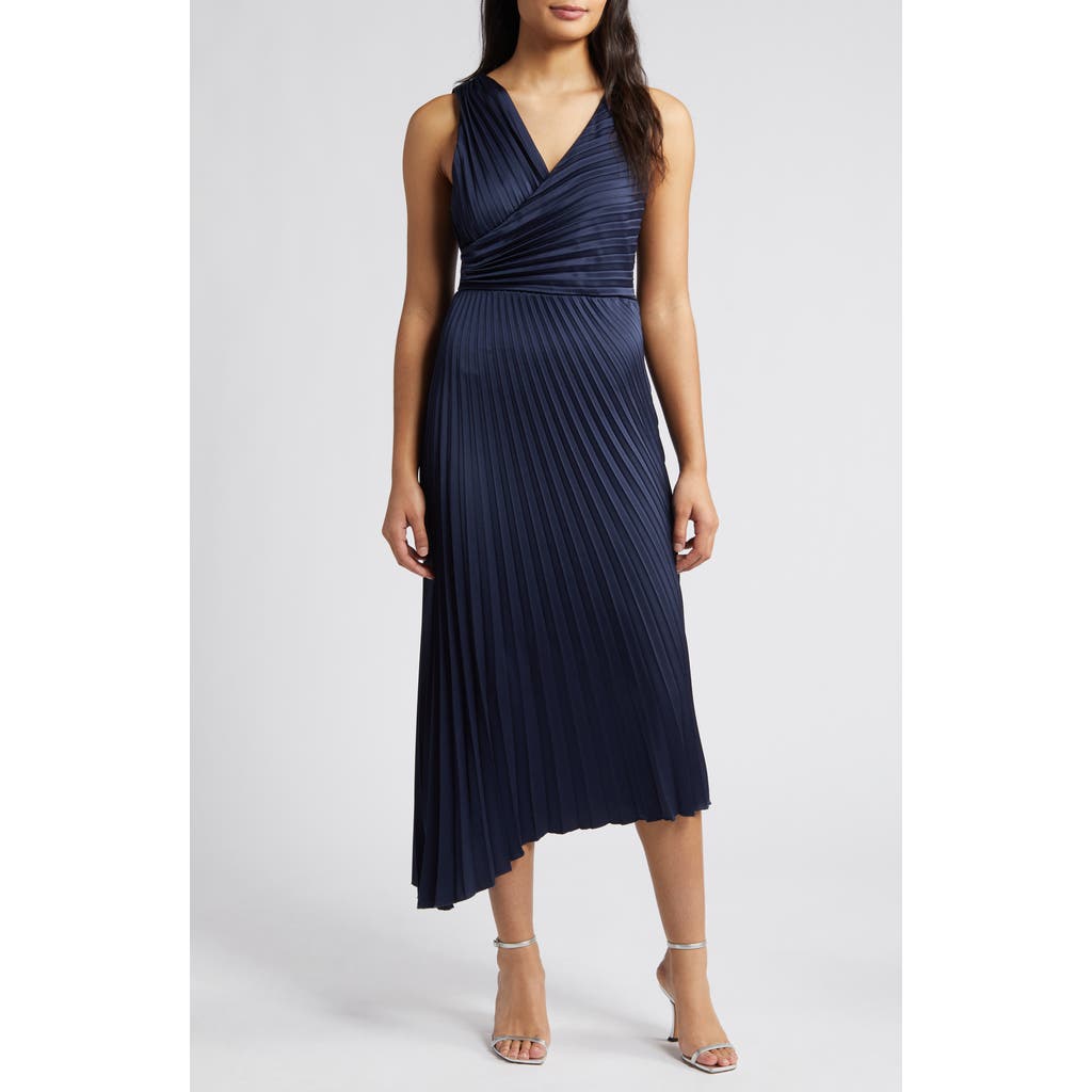 sam edelman pleated asymmetric hem satin dress Sam Edelman Pleated Asymmetric Hem Satin Dress In Navy - 46% Off