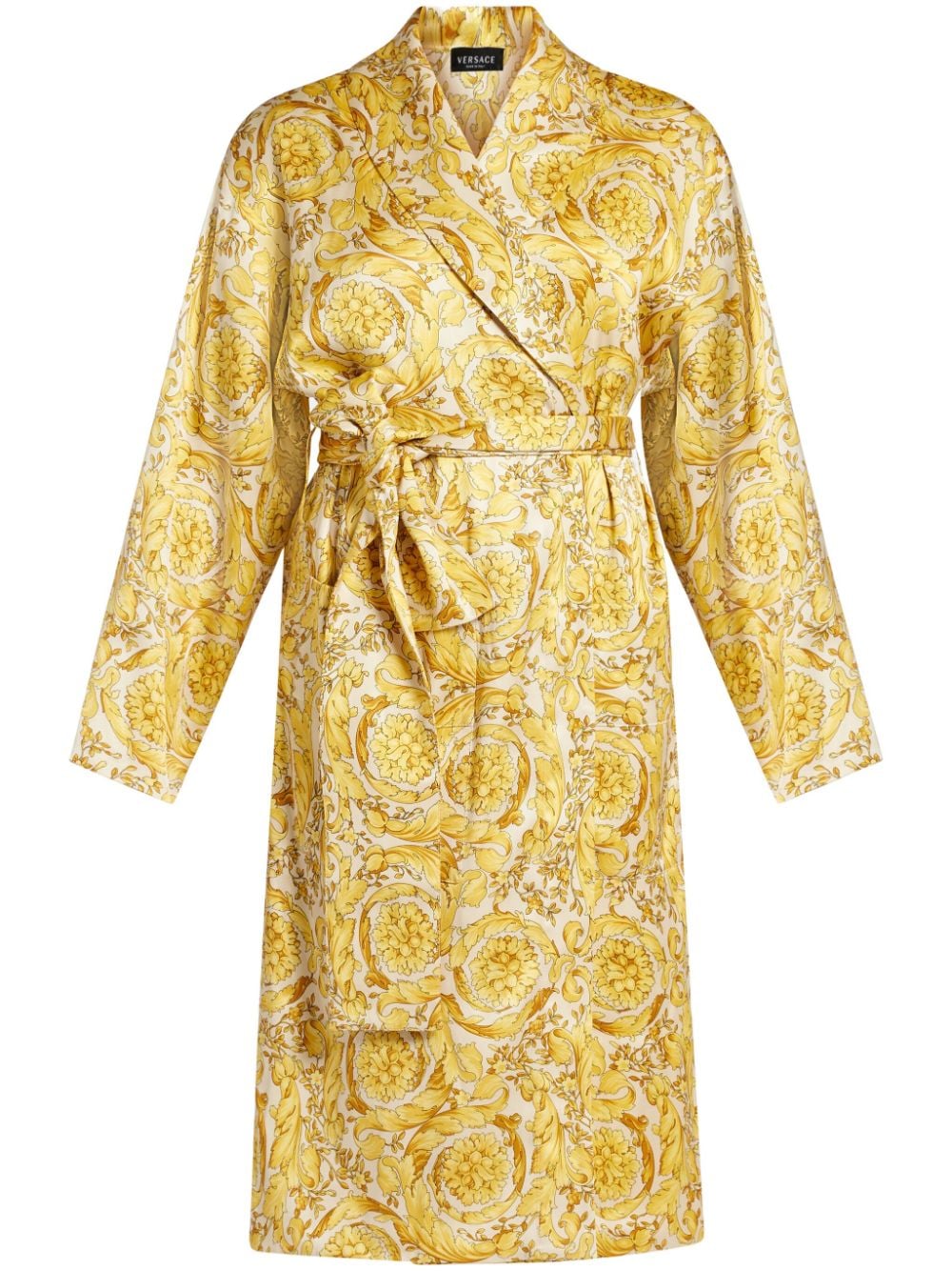 Versace Barocco-Print Silk-Satin Robe In Yellow - 40% Off | Editorialist Versace Barocco-Print Silk-Satin Robe In Yellow - 40% Off | Editorialist