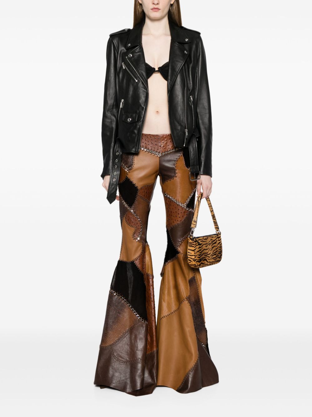 ROBERTO CAVALLI Patchwork Flared Leather Trousers